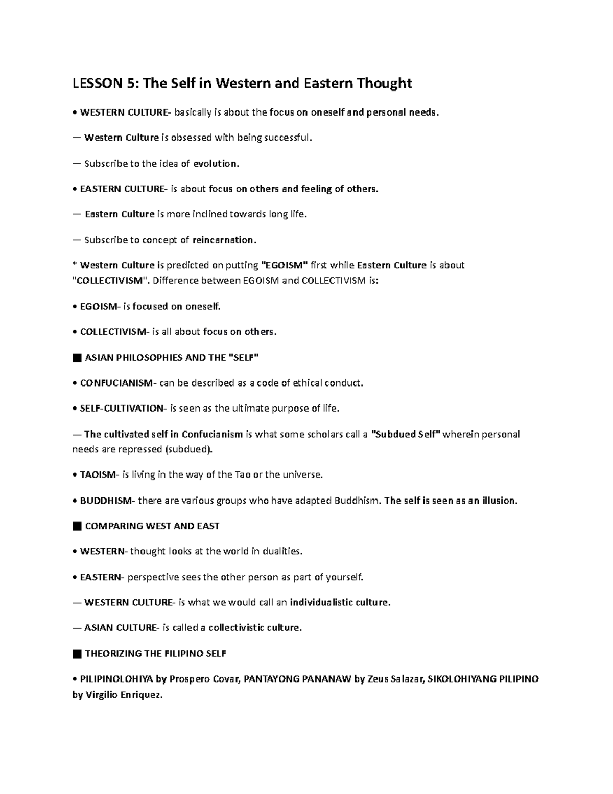 UTS- Reviewer - DDDDDD - LESSON 5: The Self in Western and Eastern ...