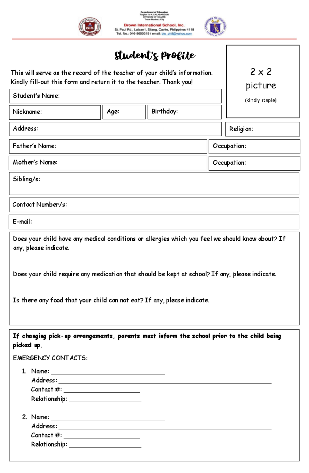 Student's Profile - For student's profiling - Student’s Profile This ...