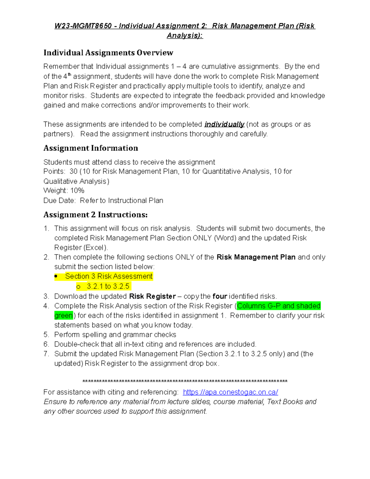 W23 -Individual Assignment 2 Risk Analysis - Instructions - W23-MGMT8650 - Individual Assignment ...