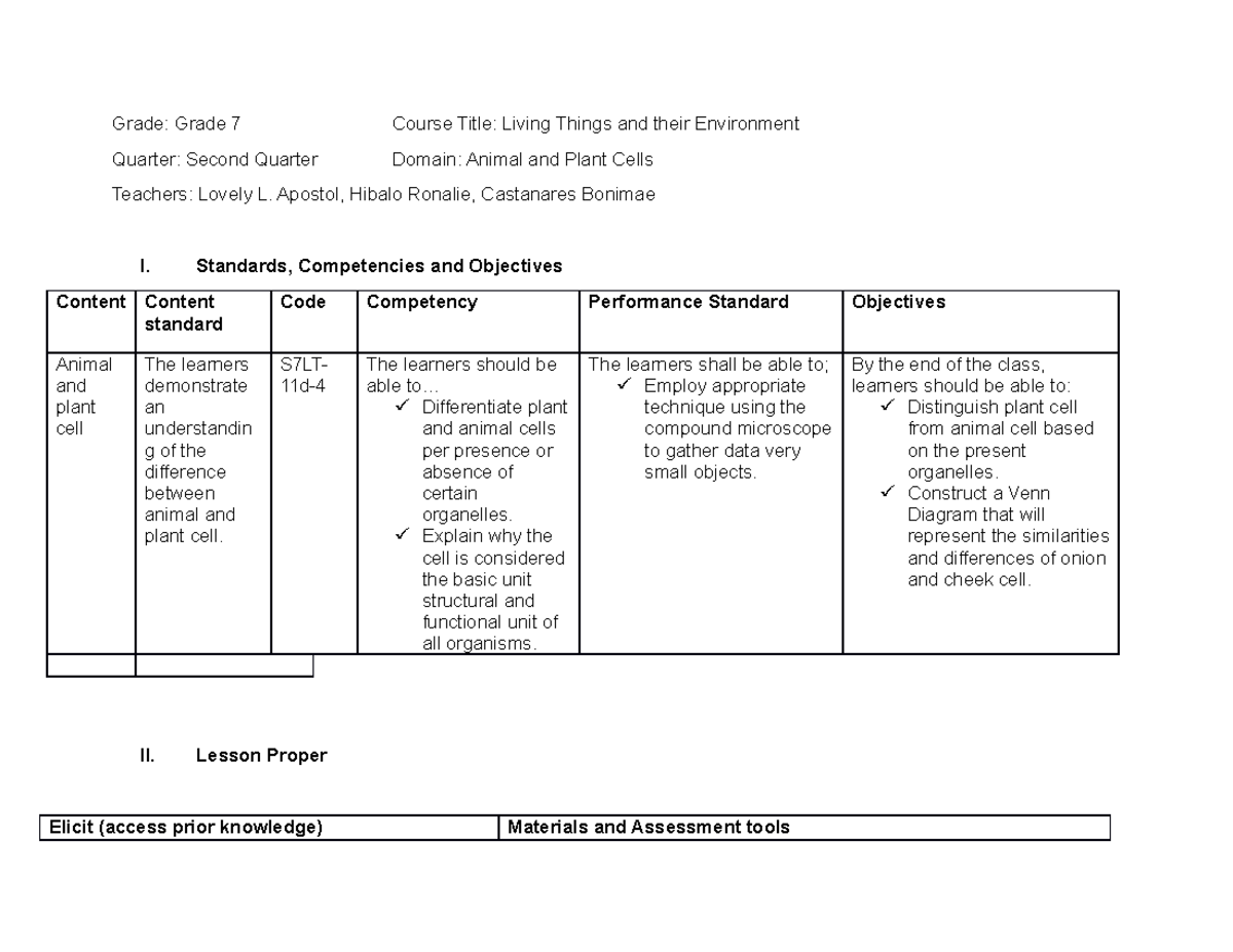 7e lesson plan in plant and animal cells - Grade: Grade 7 Course Title ...