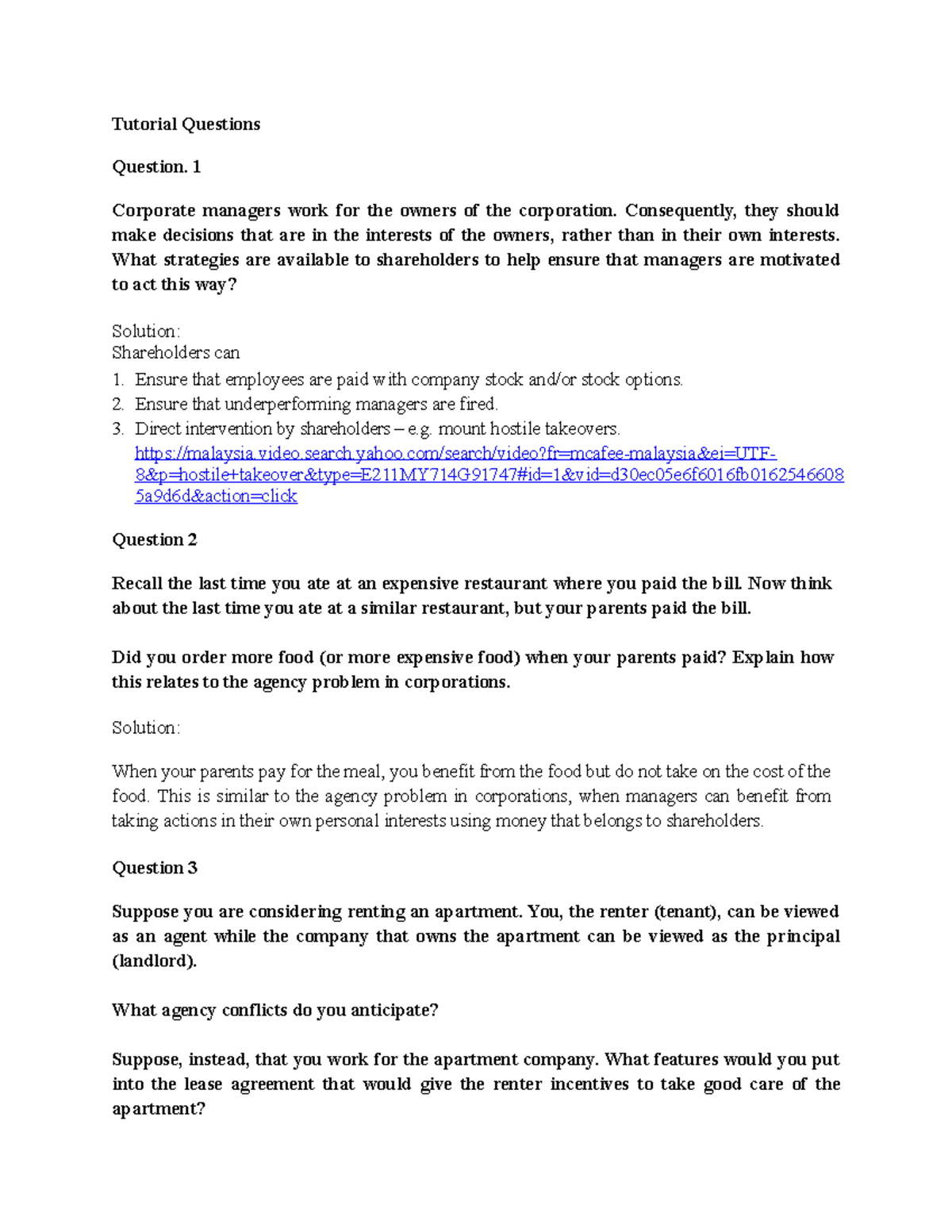 Tutorial 1 Solution - Tutorial Questions Question. 1 Corporate managers ...