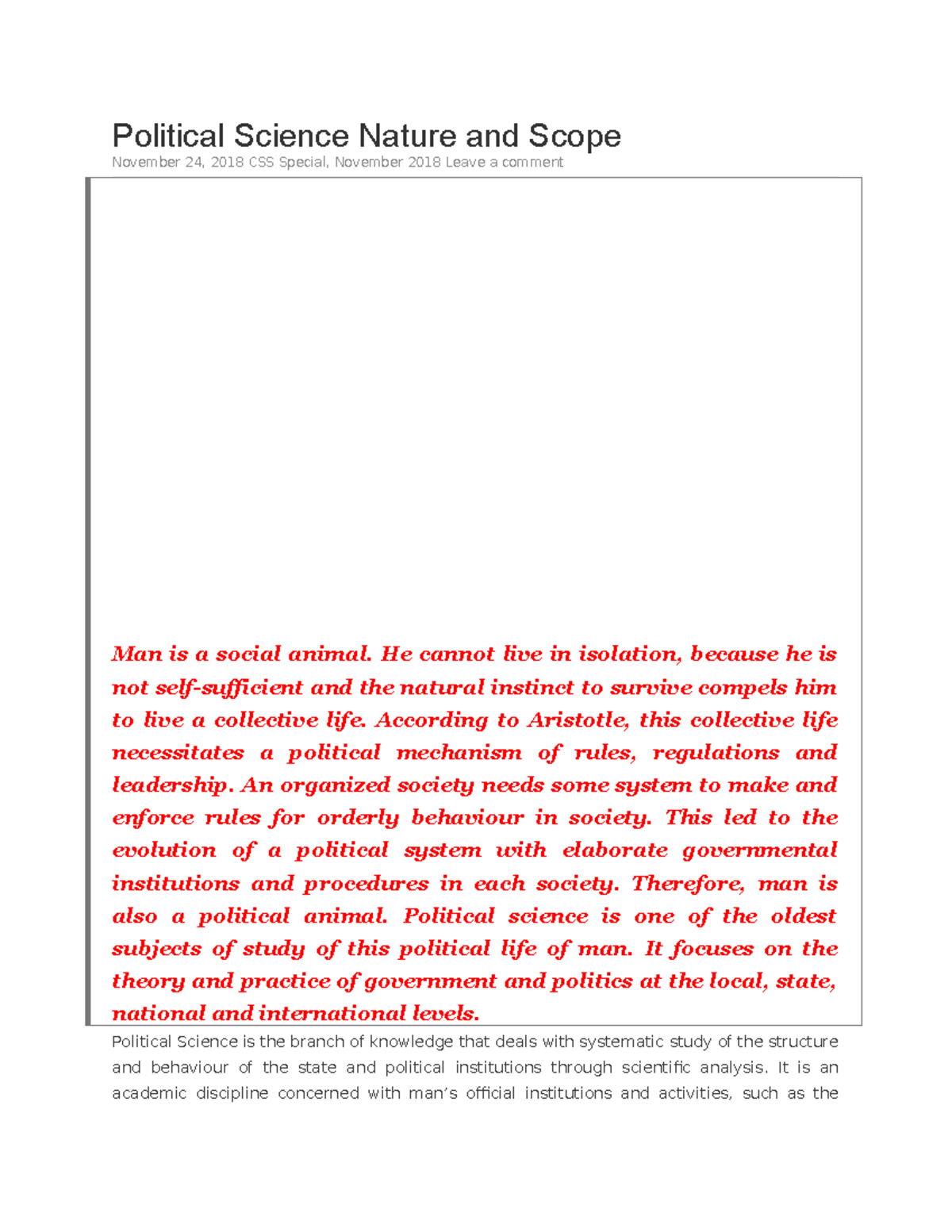 Ps notes - Political Science Nature and Scope November 24, 2018 CSS ...