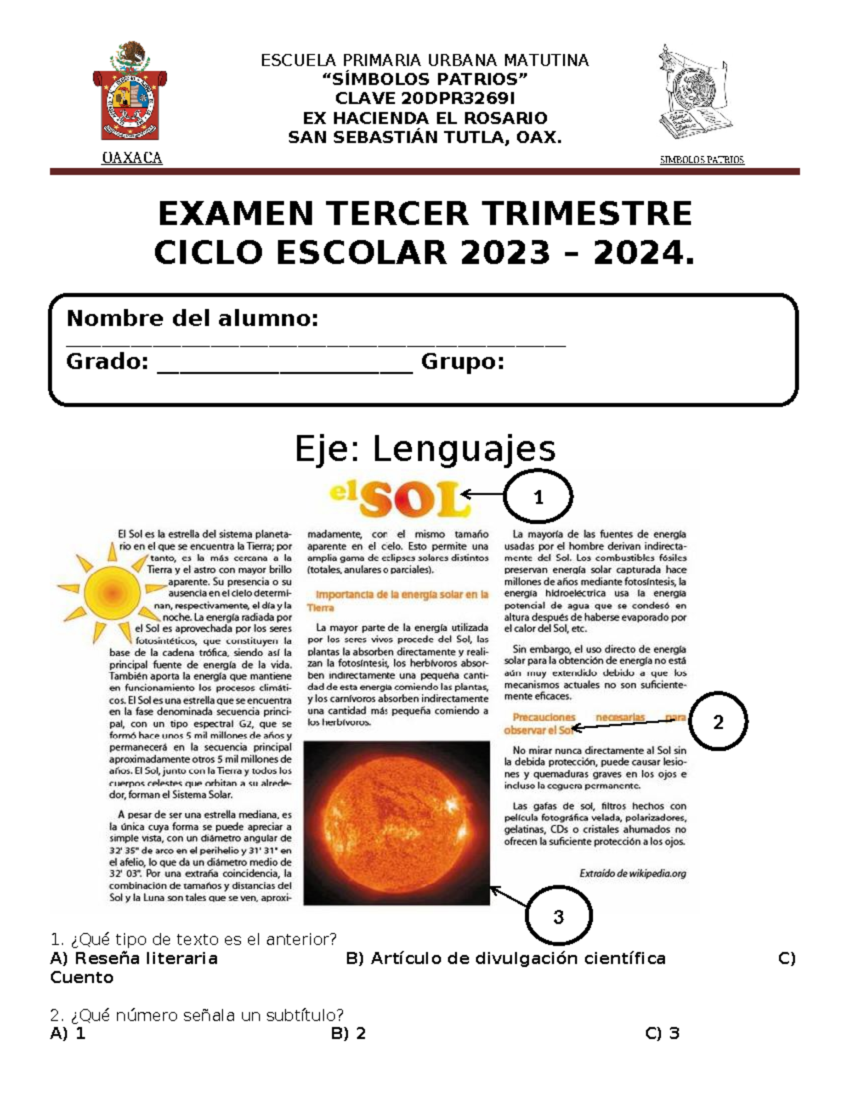EXAMEN A APLICAR A ALUMNOS DE CUARTO GRADO - ESCUELA PRIMARIA URBANA ...