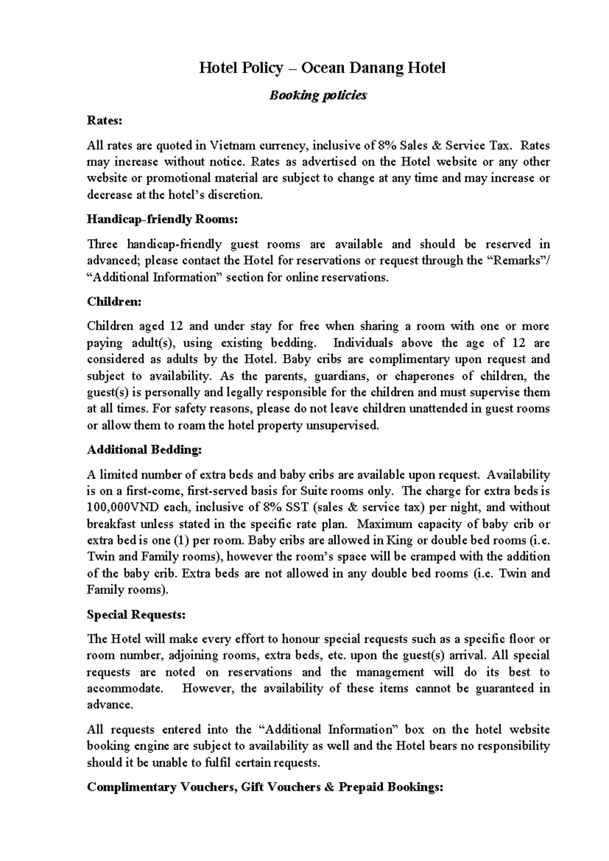Booking policy - báo cáo - Hotel Policy – Ocean Danang Hotel Booking ...