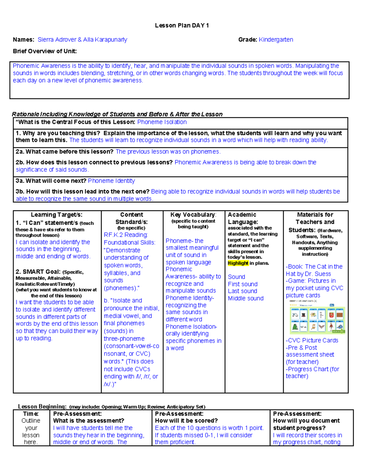 ECE 301 Final Unit Plan Lessons - Lesson Plan DAY 1 Names: Sierra ...