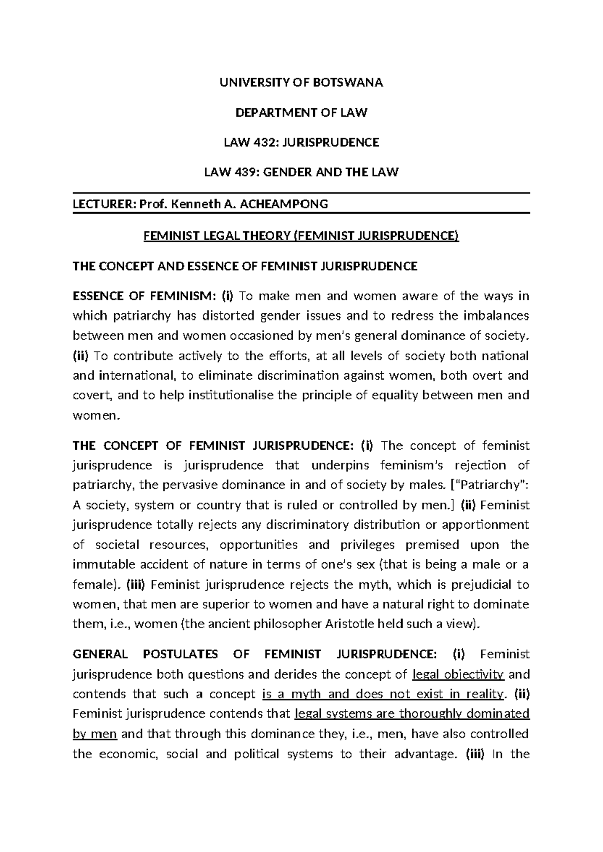 LAW 432 & LAW 439 Feminist Jurist - UNIVERSITY OF BOTSWANA DEPARTMENT ...