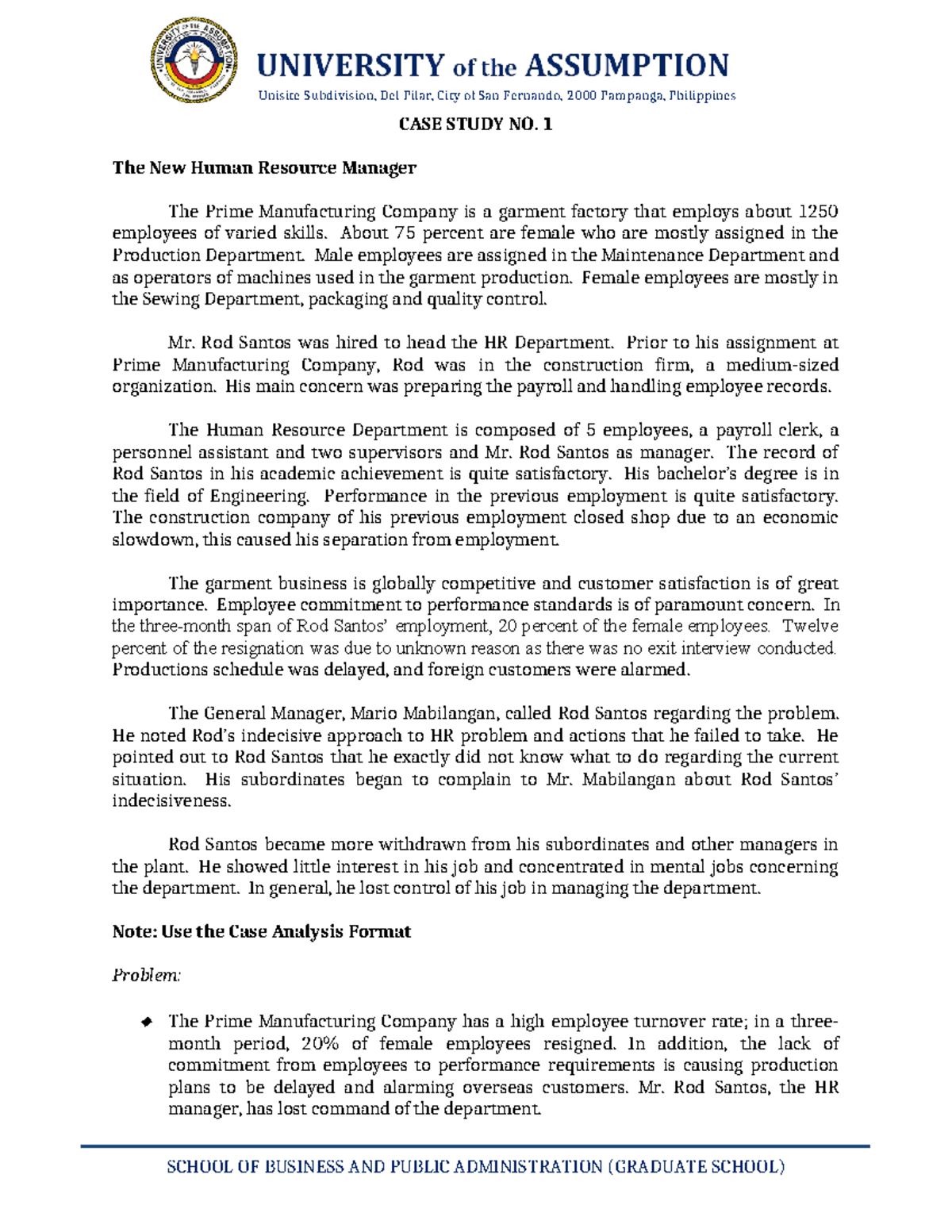 HRM Case Study Sample - CASE STUDY NO. 1 The New Human Resource Manager ...