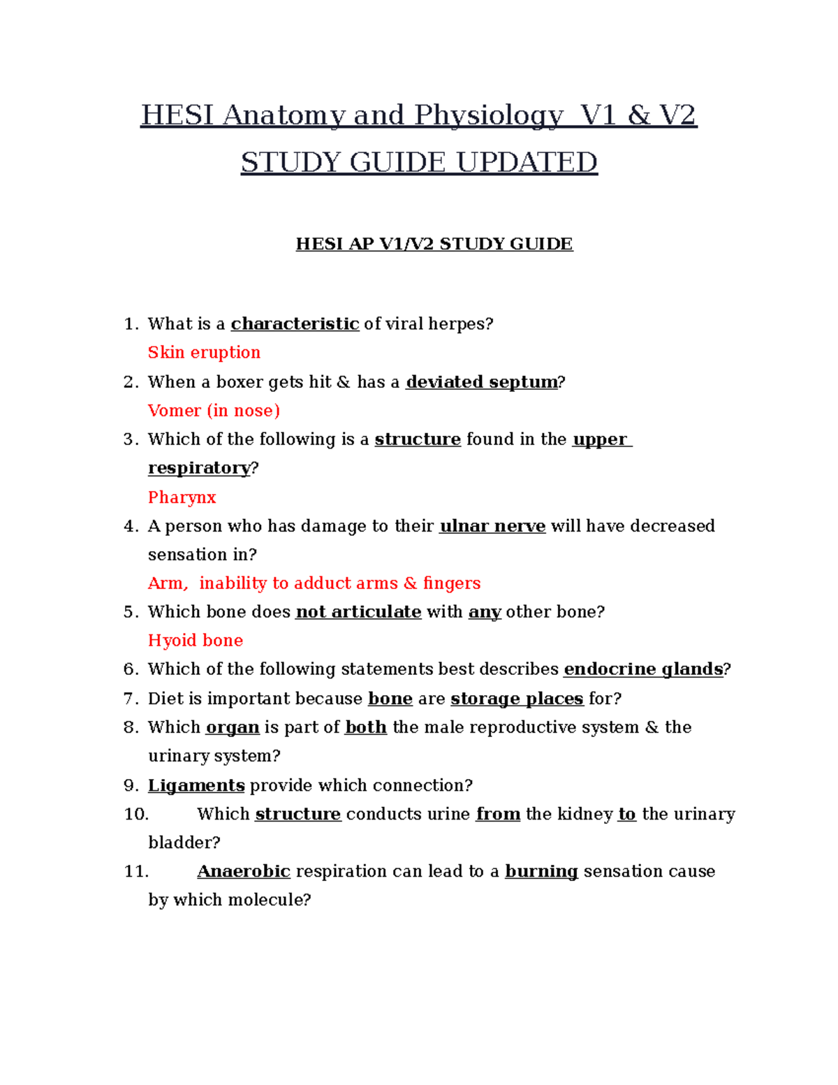 HESI Anatomy and Physiology V1 V2 Study Guide Updated Houston Community ...