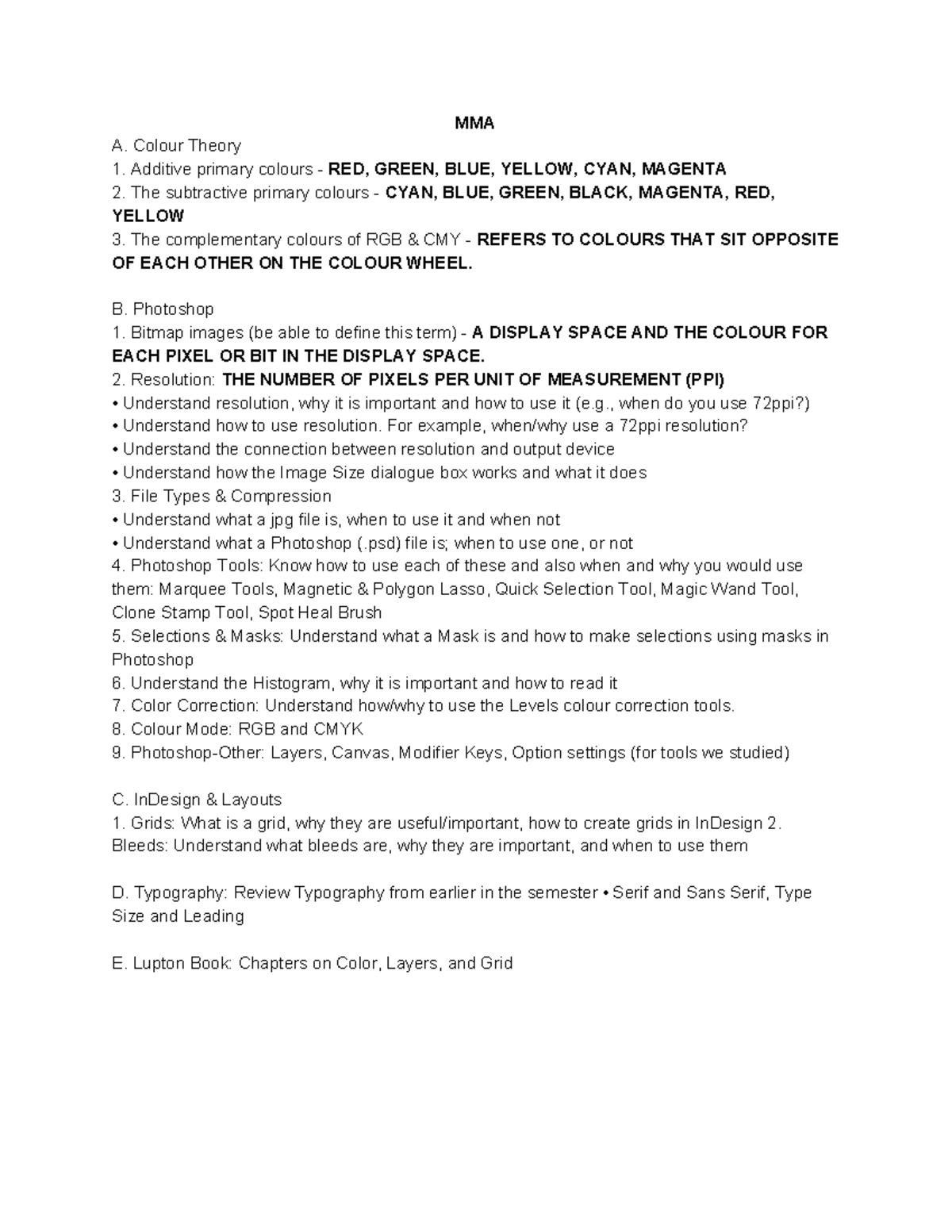 MMA - Lecture notes 1-5 - MMA A. Colour Theory 1. Additive primary ...