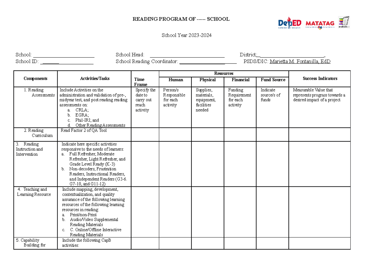 Updated Template Reading Program - READING PROGRAM OF - SCHOOL School ...