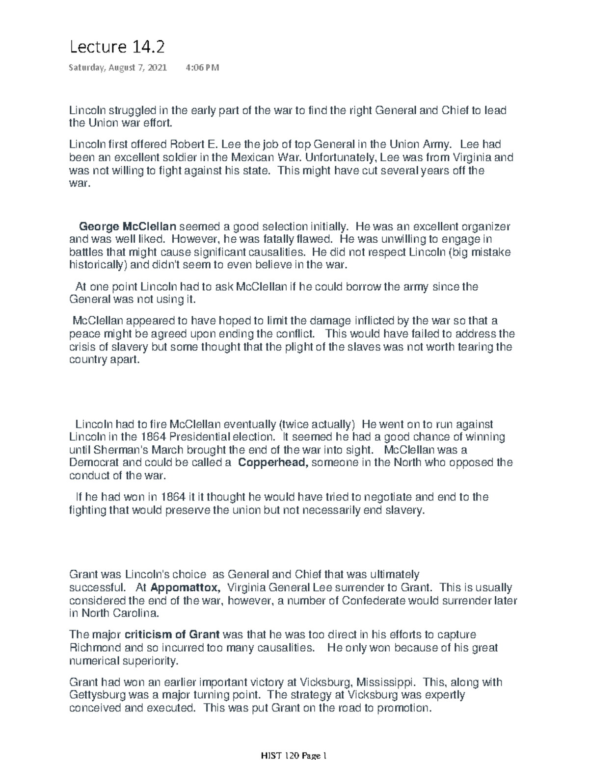 Lecture 14 - Assignment - Lincoln struggled in the early part of the ...