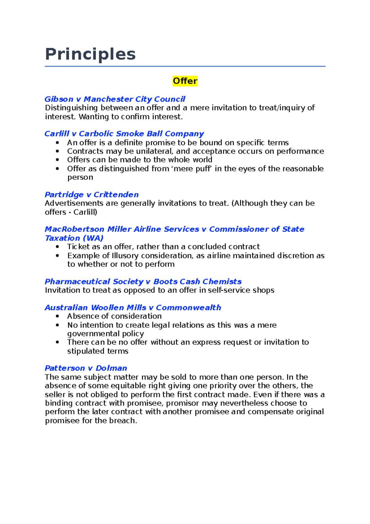 LLB120 - Contract Law A - CASE Principles FOR EXAM - Principles Offer ...