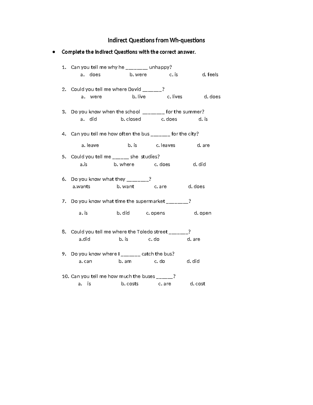 Indirect Questions from Wh questions - Indirect Questions from Wh ...