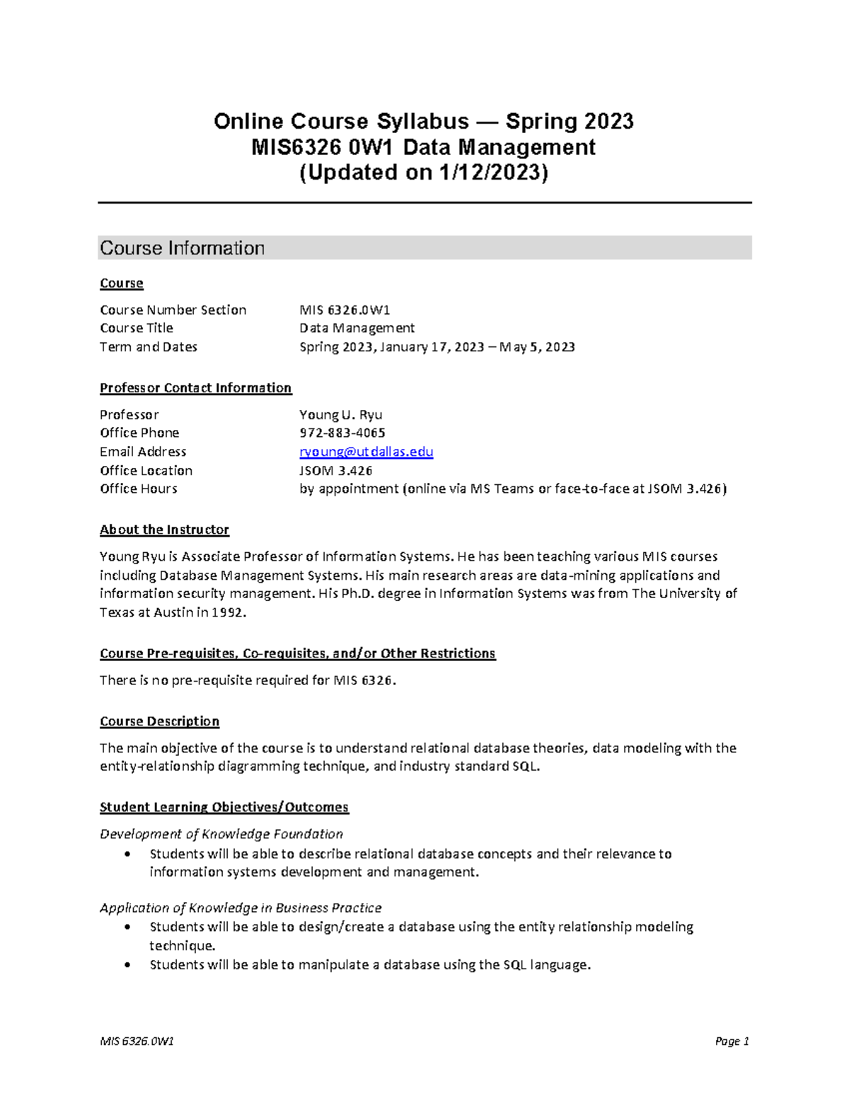 MIS6326 - syllabus - Online Course Syllabus — Spring 2023 MIS6326 0W1 ...