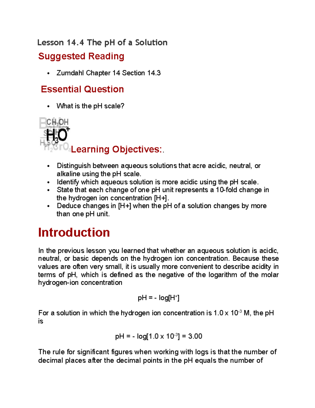 Lesson 14.4 p H of solution - Lesson 14 The pH of a Solution Suggested ...