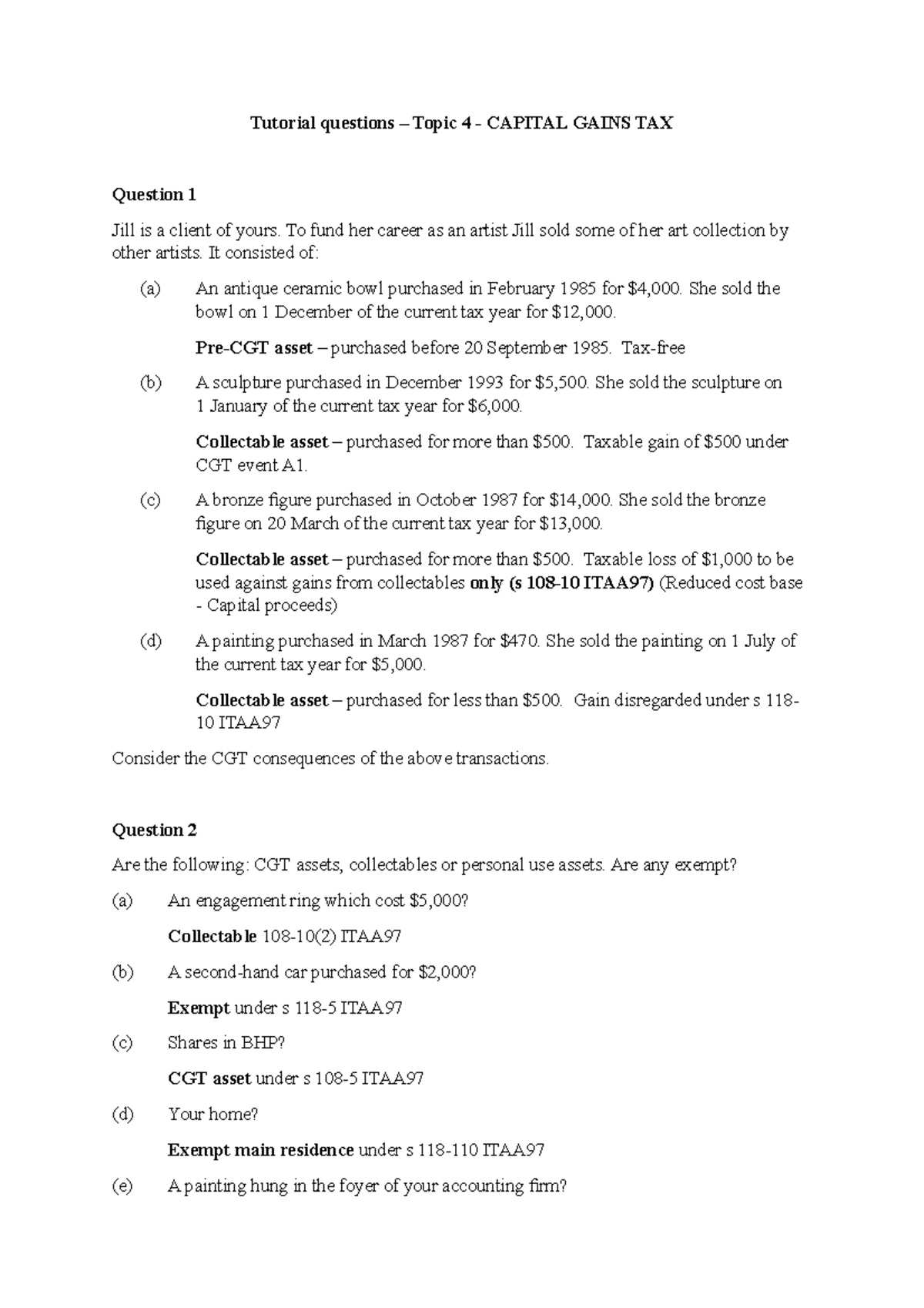 BFA714Topic 4, CGTTutorial questions solution - Tutorial questions ...