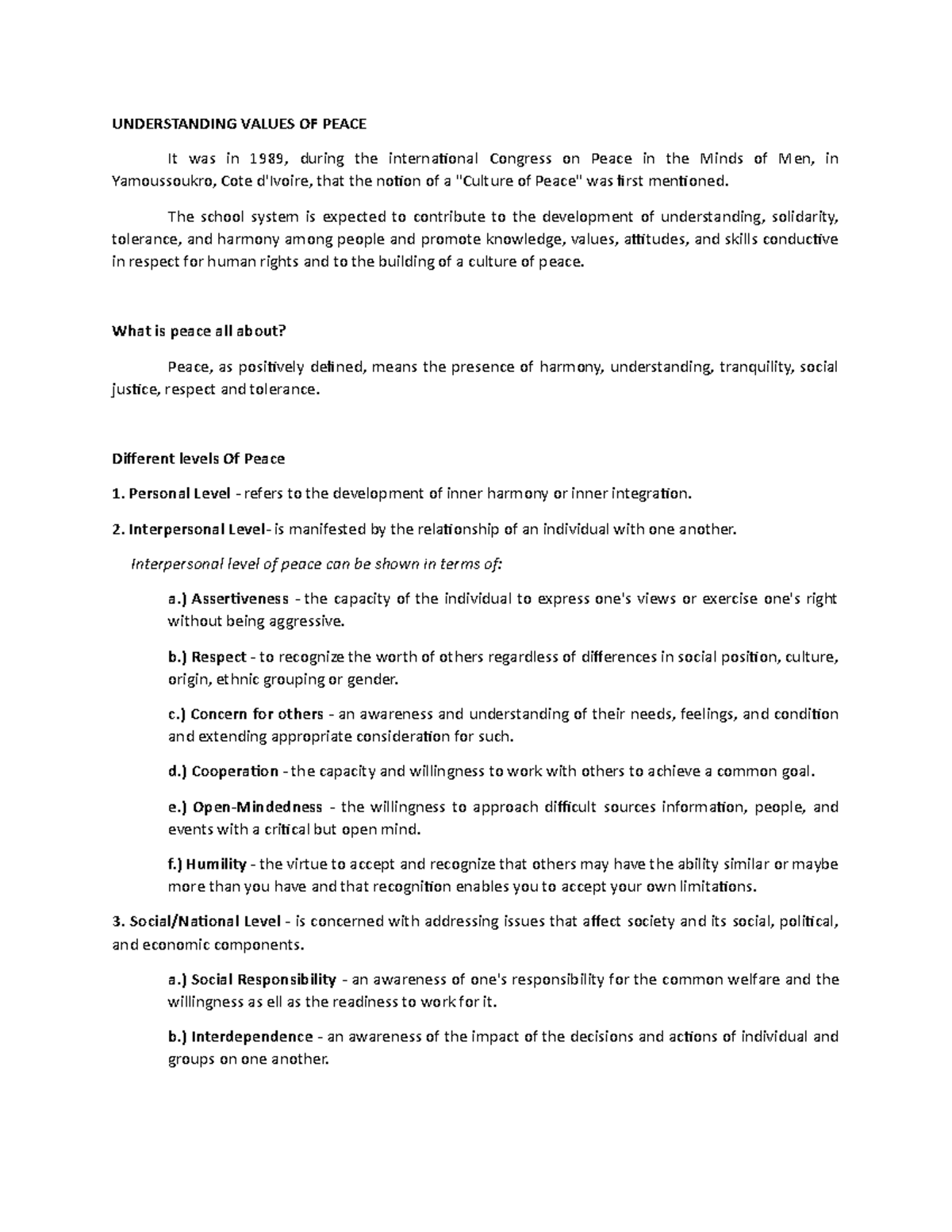 Understanding peace and peace defined - UNDERSTANDING VALUES OF PEACE ...
