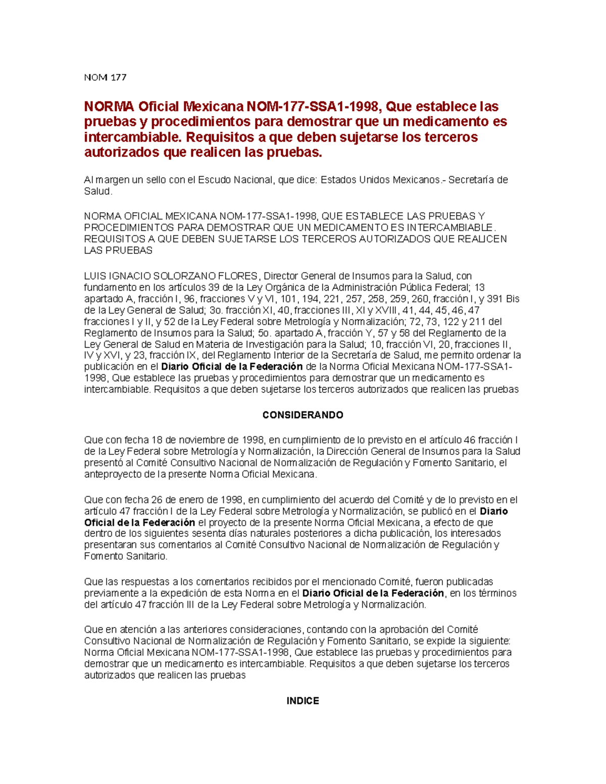 NOM 177 - legis - NOM 177 NORMA Oficial Mexicana NOM-177-SSA1-1998, Que ...