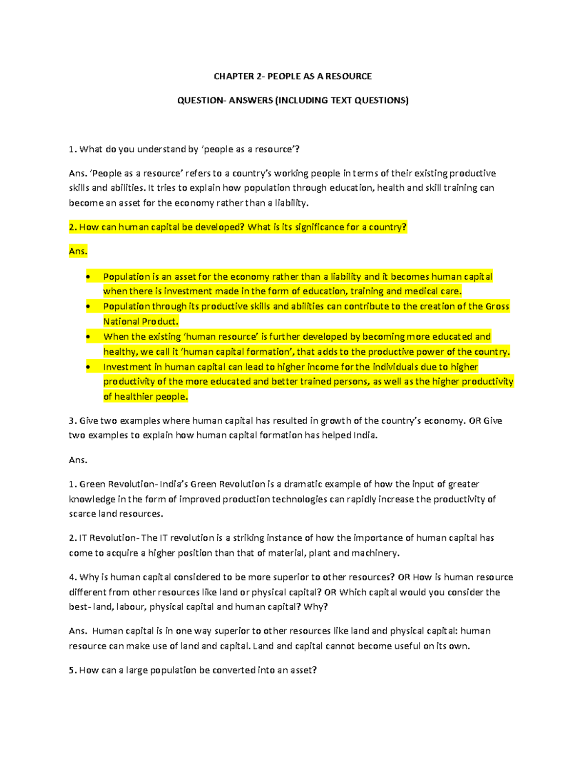 People AS A Resource- Question Answers - CHAPTER 2- PEOPLE AS A ...