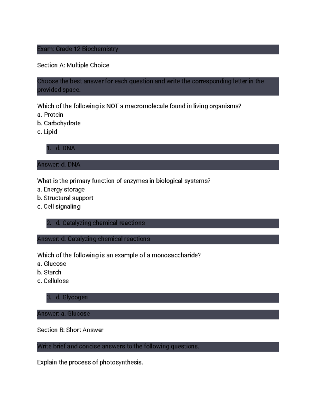 Exam Grade 12 Biochemistry Quiz practice - Exam: Grade 12 Biochemistry ...