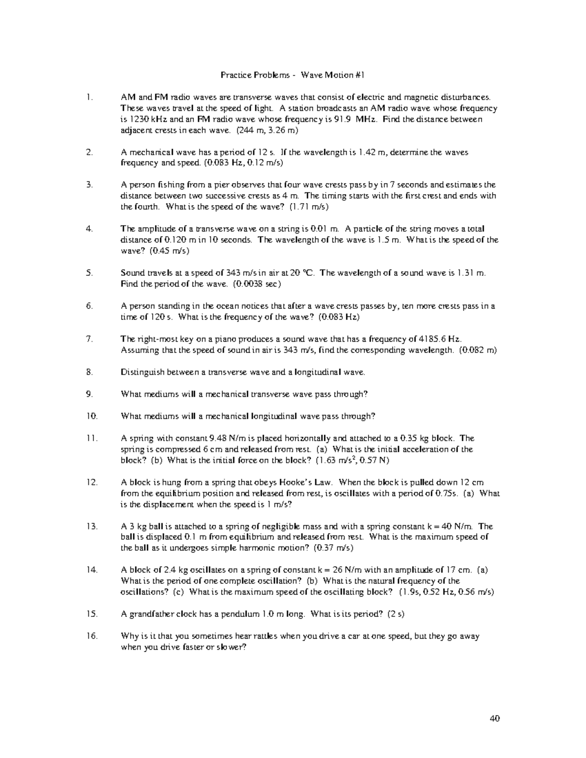 Wave Motion #1 - Practice Problems - Wave Motion #1 1. AM and FM radio ...