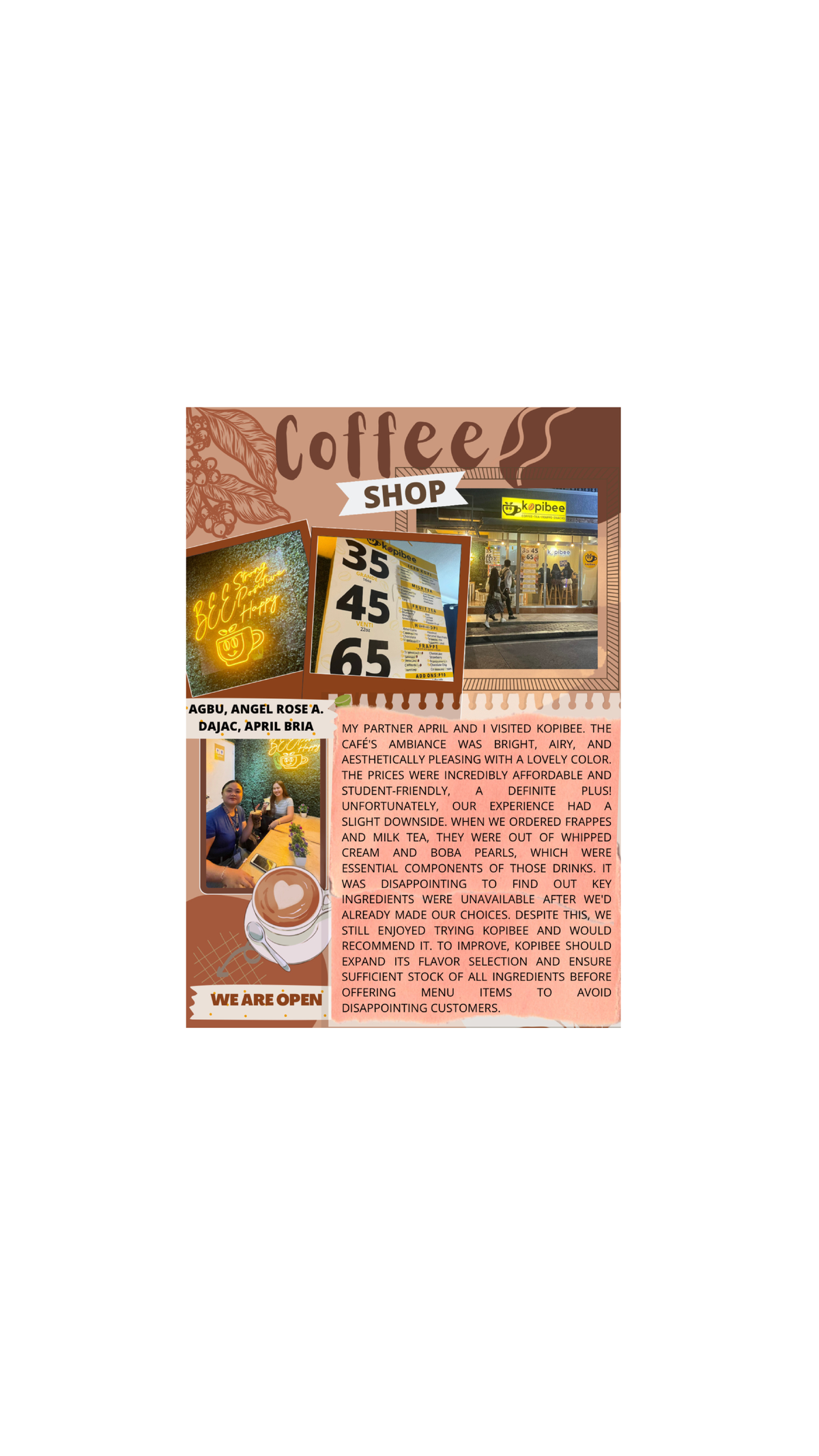 AGBU& Dajac Restaurant Visit - Coffee SHOP kopibee SNACKS 35 35 45 ...