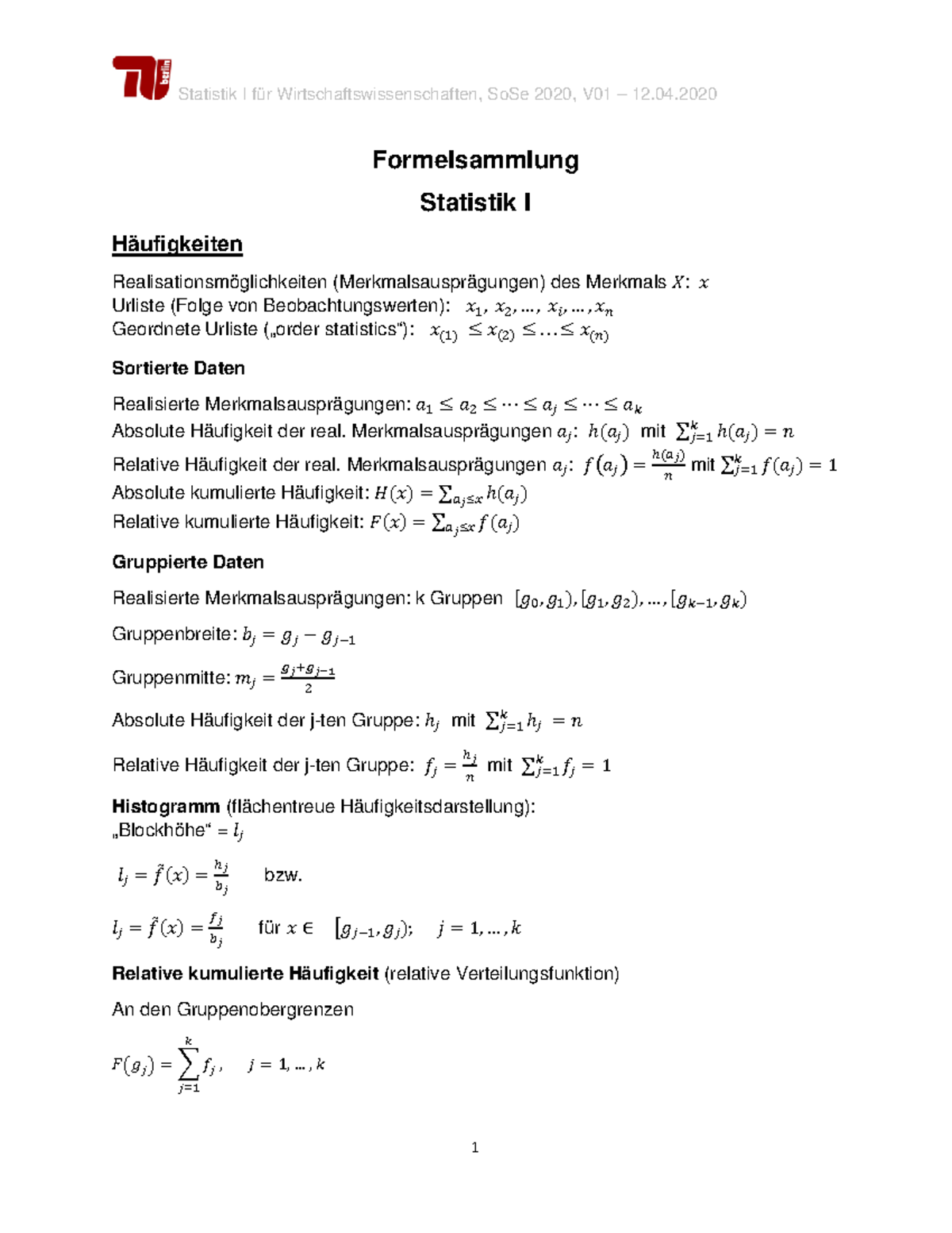 Formelsammlung Stat 1 SoSe20 mit Tabellen - Formelsammlung Statistik I ...