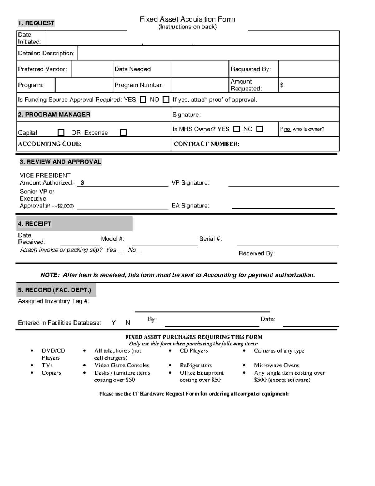 Fixed Asset Acquisition Form 1 Request Date Initiated Item Requested Detailed Description