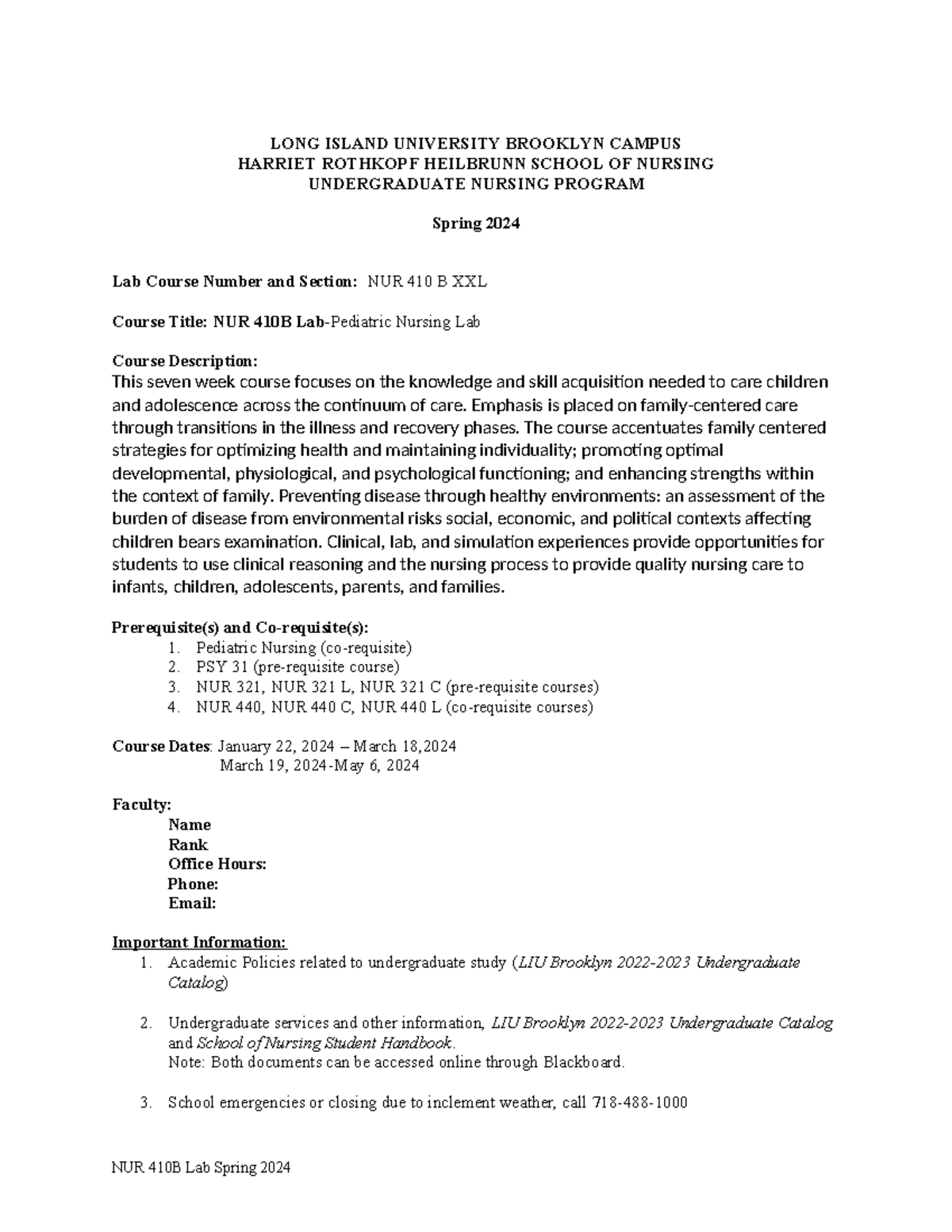 Lab Course Outline Template NUR 410 B Spring 2024 - LONG ISLAND ...