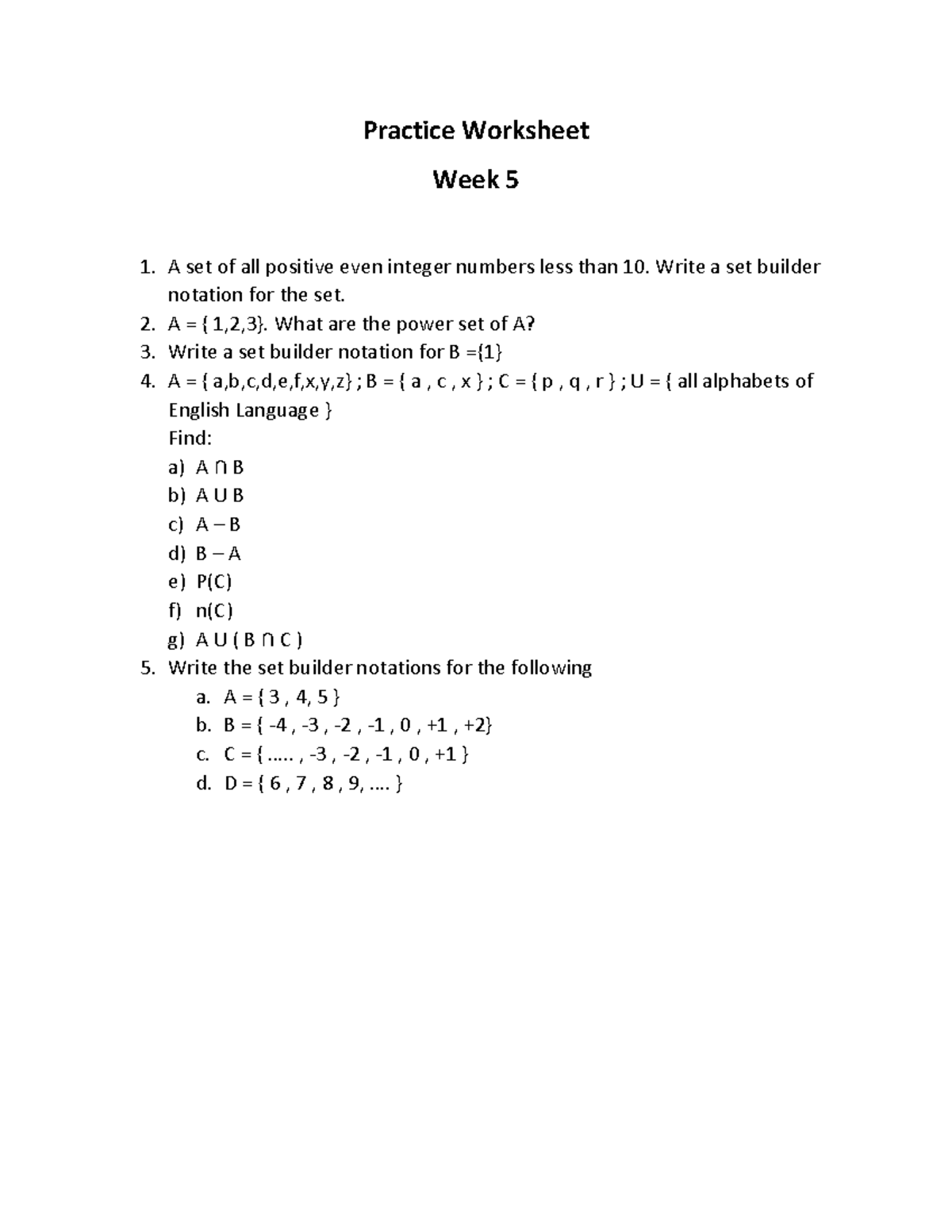 Sets and set operations' practice questions - Practice Worksheet Week 5 ... Sets and set operations' practice questions - Practice Worksheet Week 5 ...
