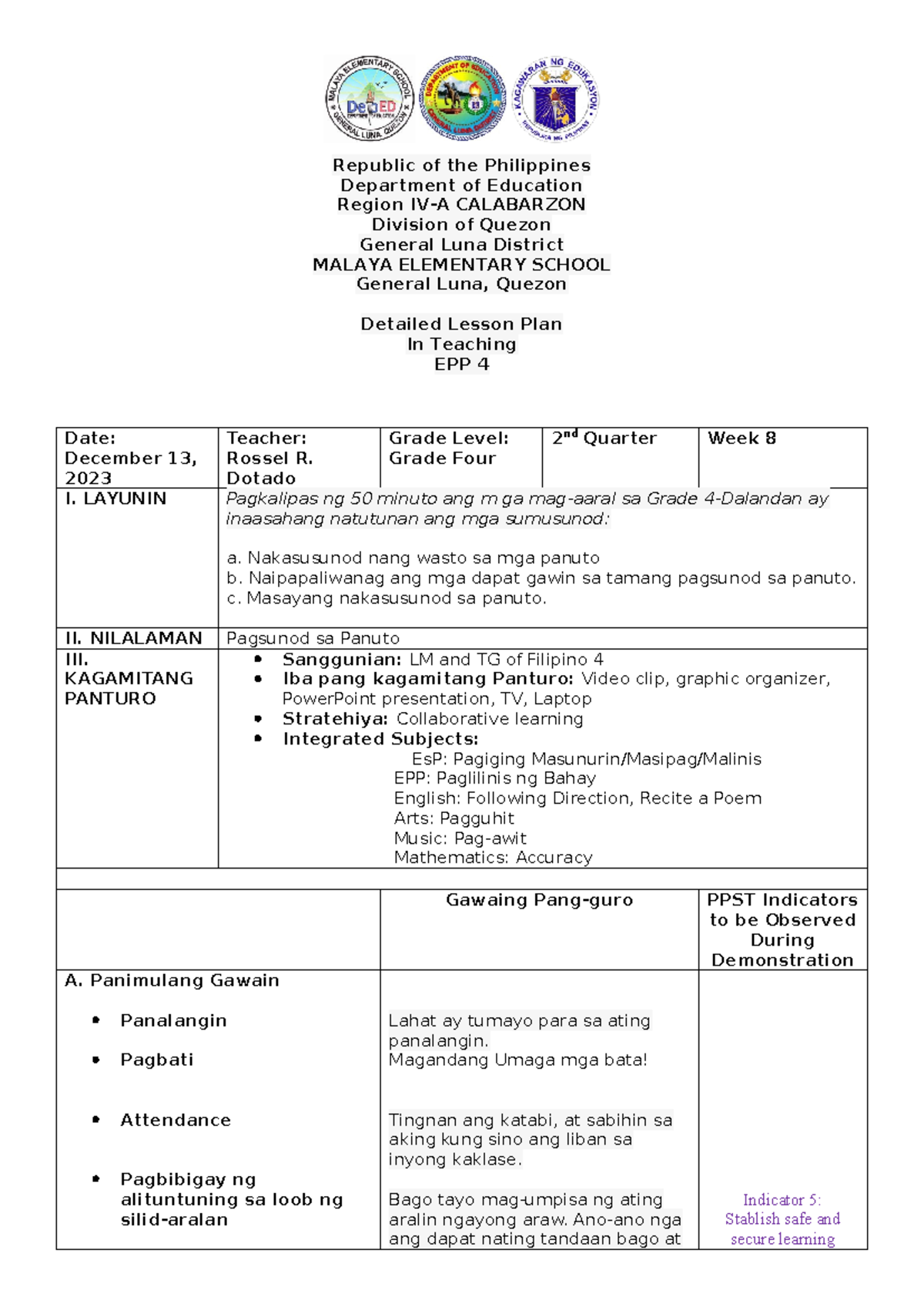 COT 2 2023-2024 - LESSON PLAN - Republic of the Philippines Department of Education Region IV-A ...