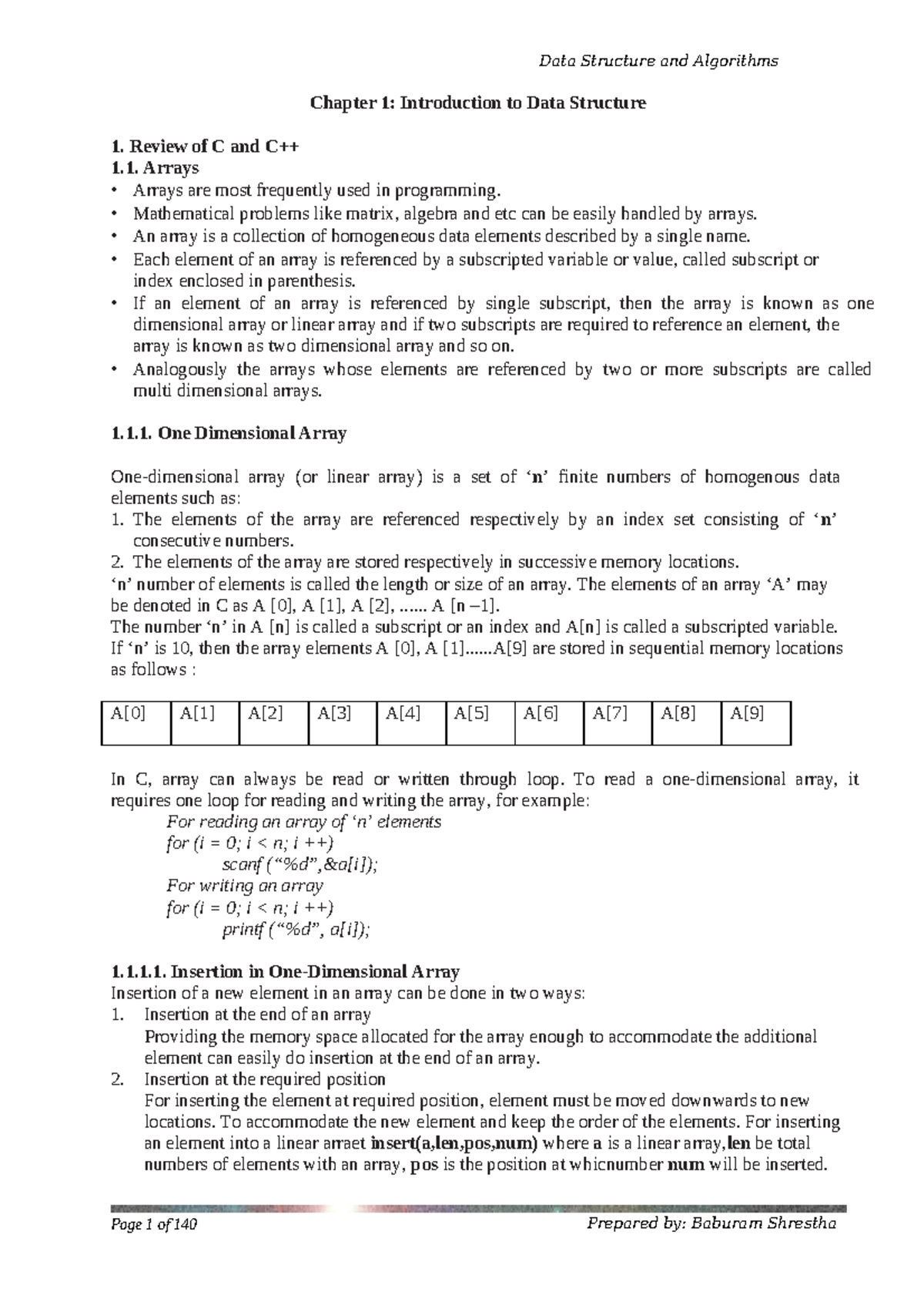 DSA complete note - Page 1 of 140 Chapter 1: Introduction to Data Structure 1. Review of C and ...