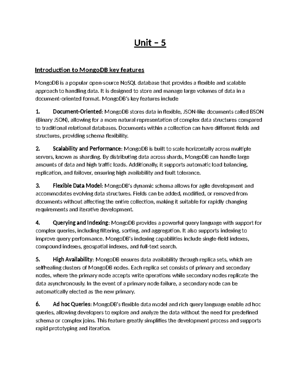 BDA UNIT 5 - bda - Unit – 5 Introduction to MongoDB key features MongoDB is a popular open ...