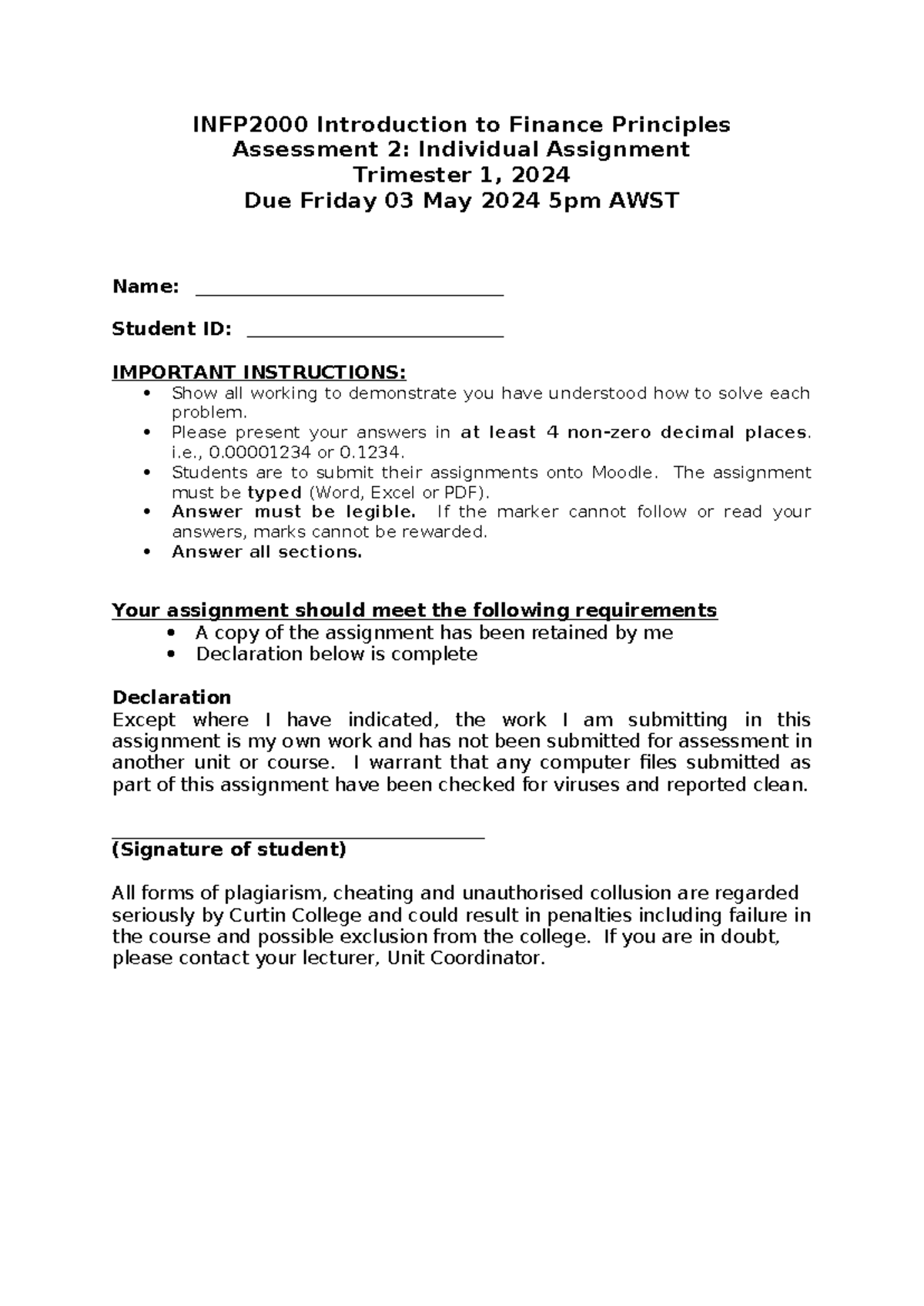 INFP2000 T1 2024 A2 Question template - INFP2000 Introduction to ...