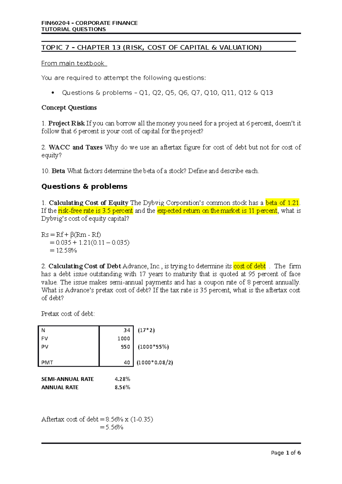 Tutorial 7 - RISK, COST OF CAPITAL & VALUATION - TUTORIAL QUESTIONS ...
