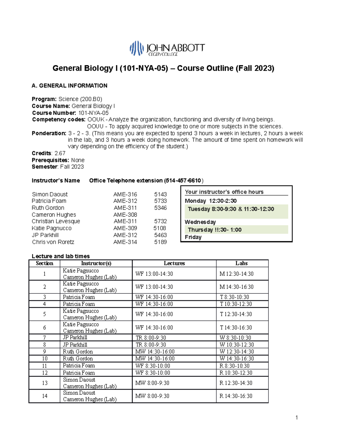 Final 101-NYA Course Outline F2023 - General Biology I (101-NYA-05 ...