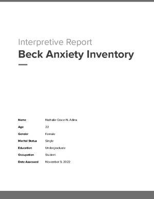 BDI Report - Interpretive Report Beck Depression Inventory - 2 Name ...