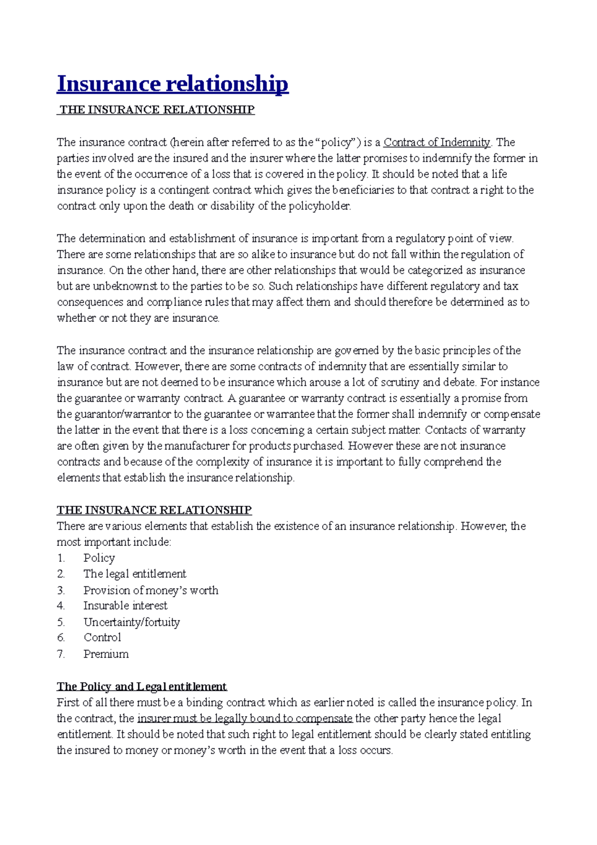 Insurance LAW - notes - Insurance relationship THE INSURANCE ...