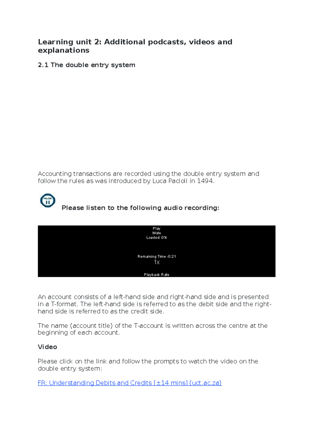 LU2 & Self assessment Q&A - Learning unit 2: Additional podcasts, videos and explanations 2 The ...