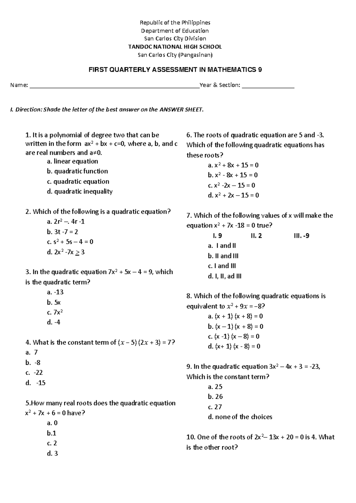 First Quarterly- Assessment G9 MATH - Republic of the Philippines ...