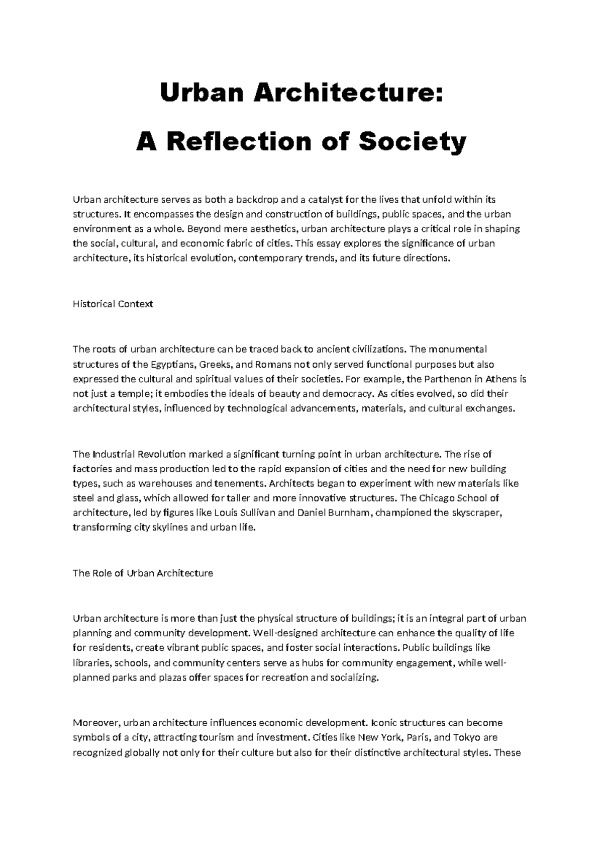 Urban Architecture Essay - Urban Architecture: A Reflection of Society ...