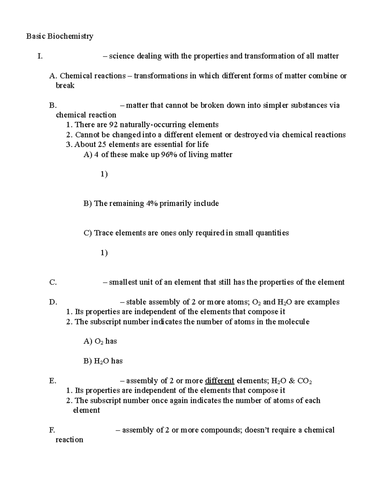 Basic Biochemistry Outline - Basic Biochemistry I. – science dealing ...