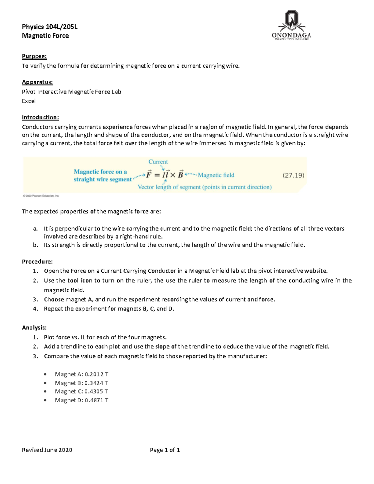 Magnetic Force -lab 7 - lab - Physics 104L/205L Magnetic Force Revised ...