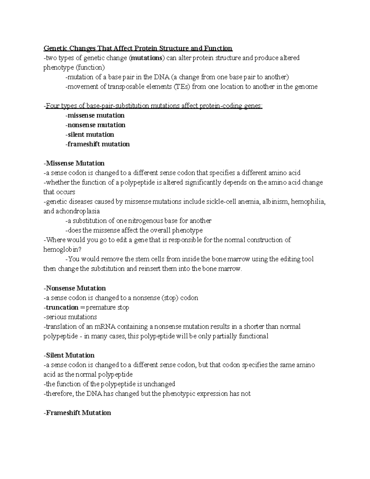 BIO 1107 Lecture 22 - Genetic Changes That Affect Protein Structure and ...