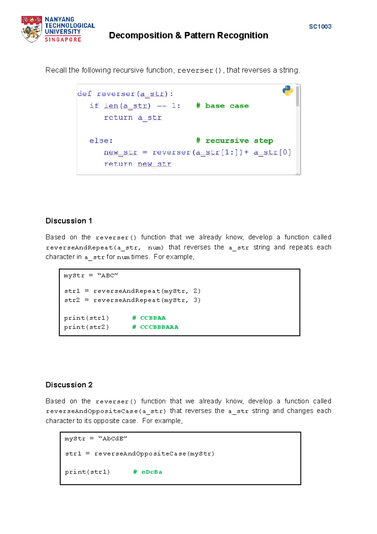 SC1003 Discussion #6 Q (Decompositions Patter Recognition) - SC Decomposition & Pattern - Studocu