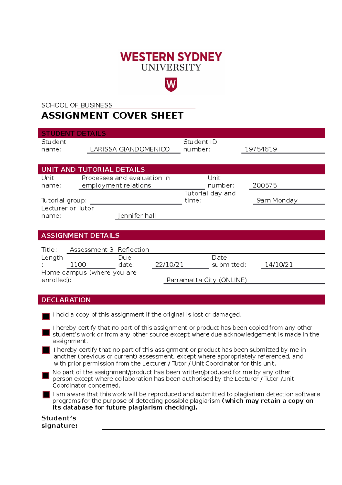 Reflection - 200740 - UWS - Studocu