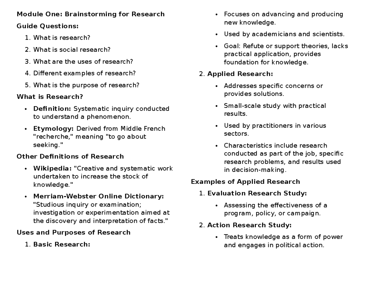 Module One Reviewer - Module One: Brainstorming for Research Guide ...