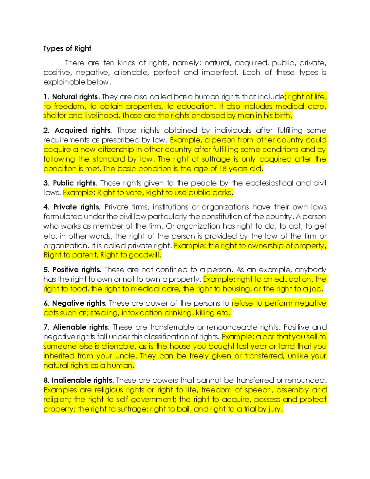Rights AND Duties - Types of Right There are ten kinds of rights ...