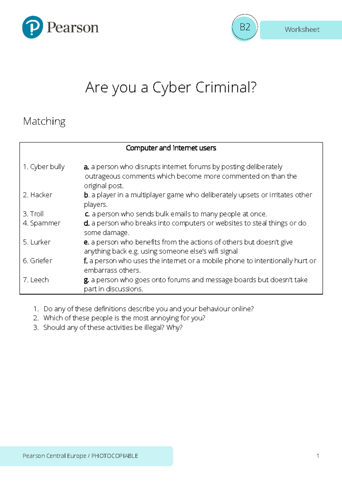 B2 teenagerss are you a cyber criminal lesson plan worksheet ...