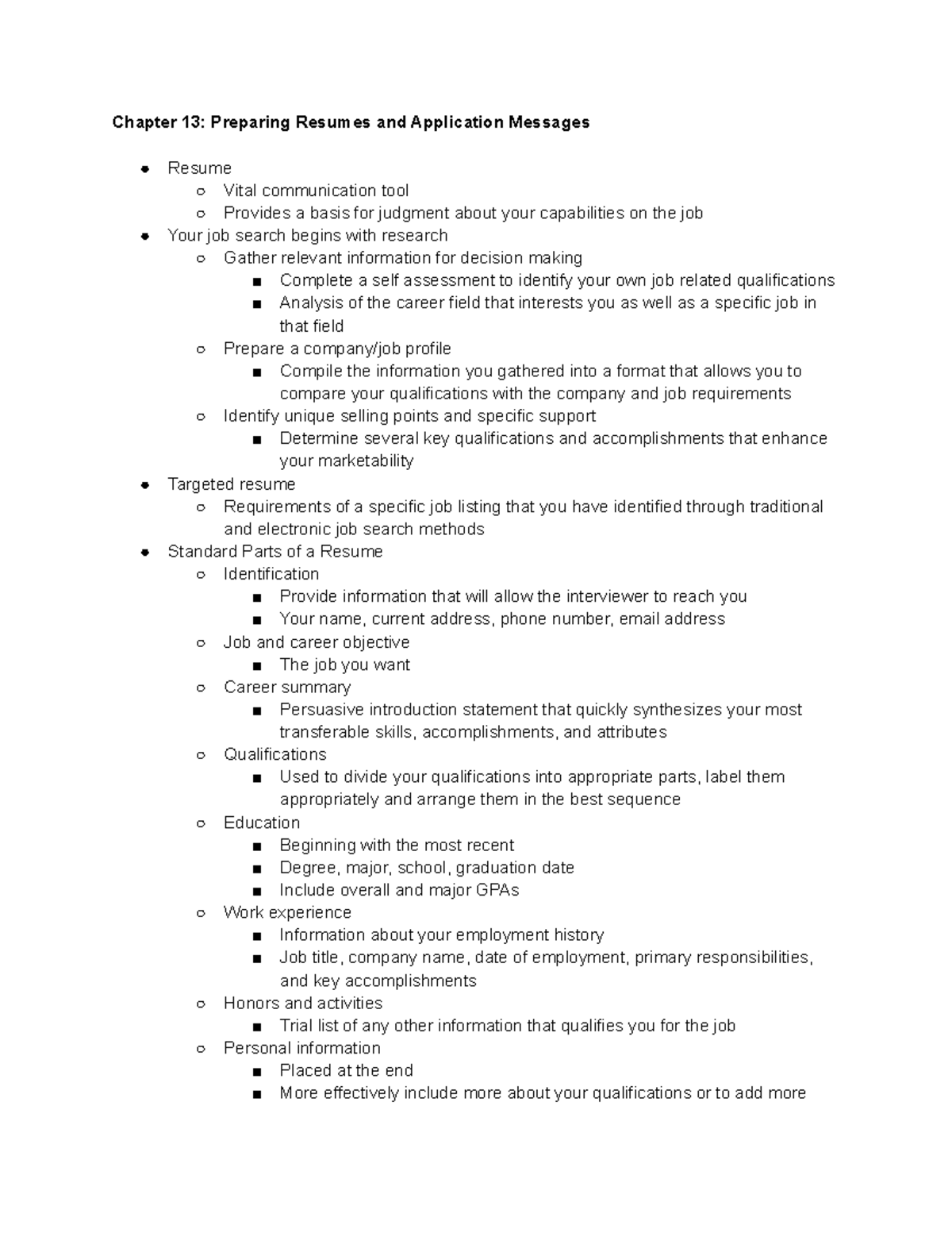 Chapter 13 - BUS - Chapter 13: Preparing Resumes and Application Messages Resume Vital - Studocu